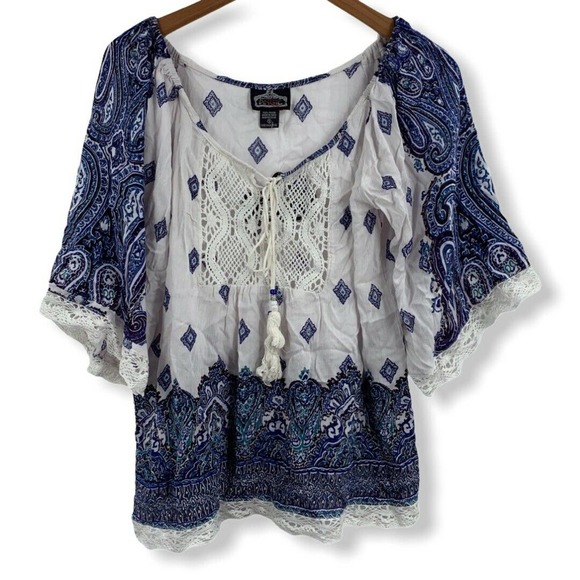 Angie | Tops | Angie White Blue Paisley Boho Top Small New | Poshmark